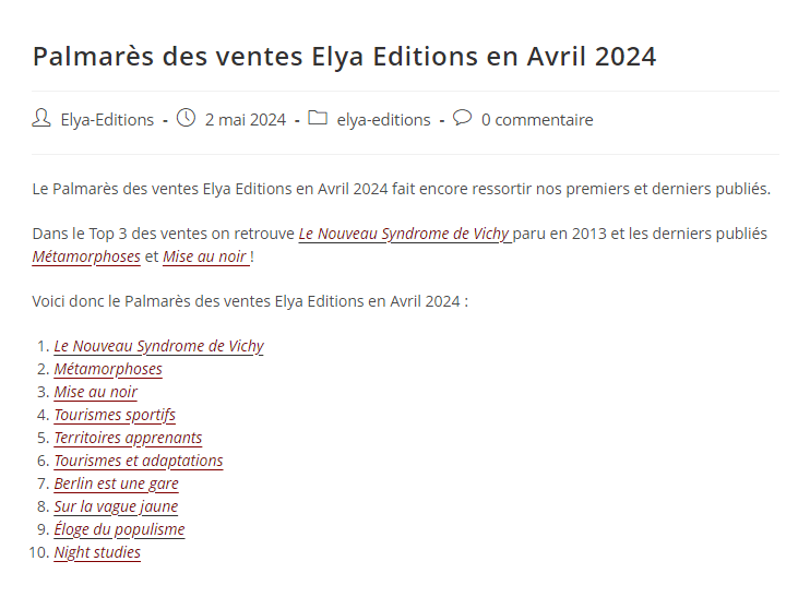 Palmarès des ventes Elya Editions en Avril 2024
